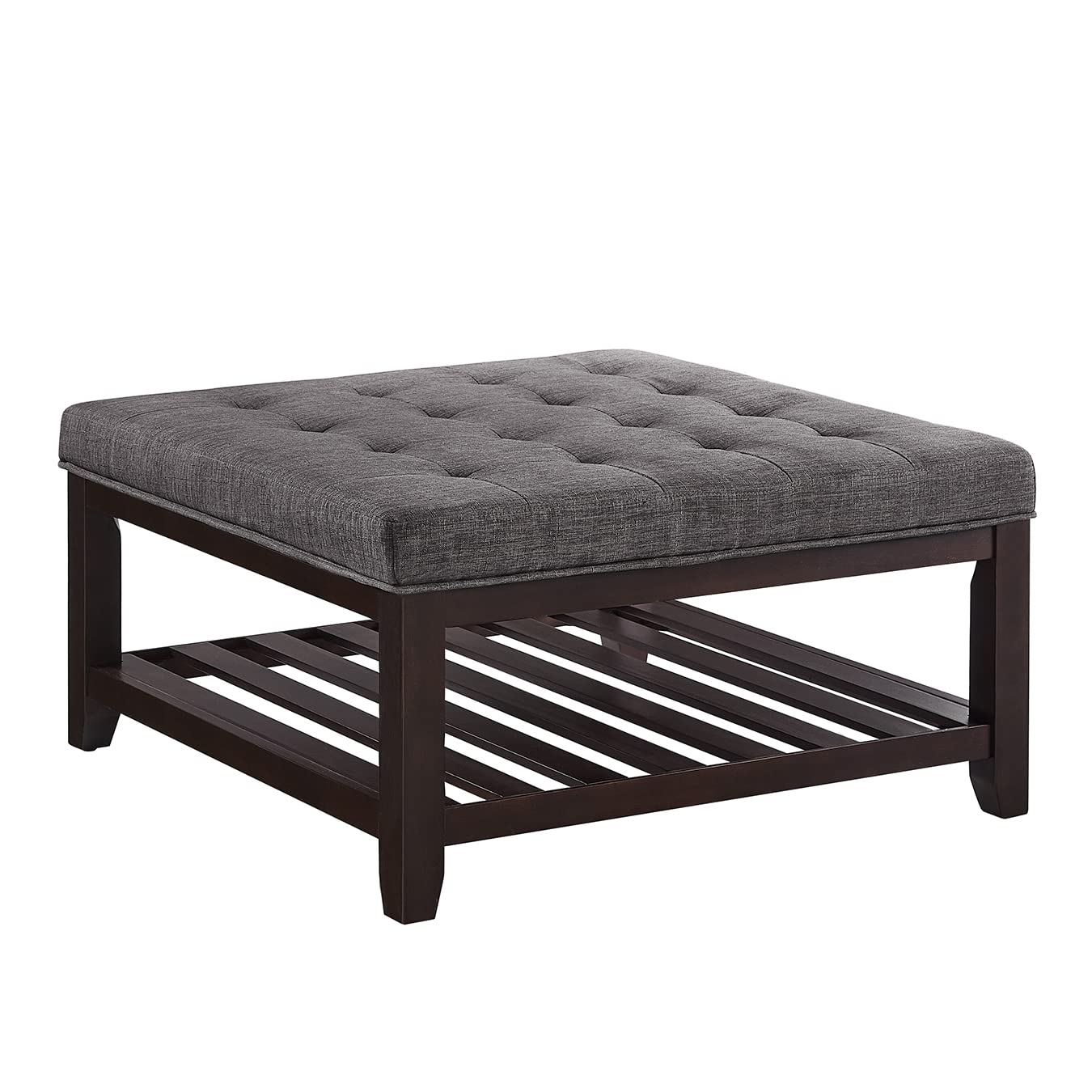 24KF Large Square Upholstered Tufted Linen Ottoman Coffee Table, Large Footrest Ottoman with Solid Wood Shelf-Dark Gray