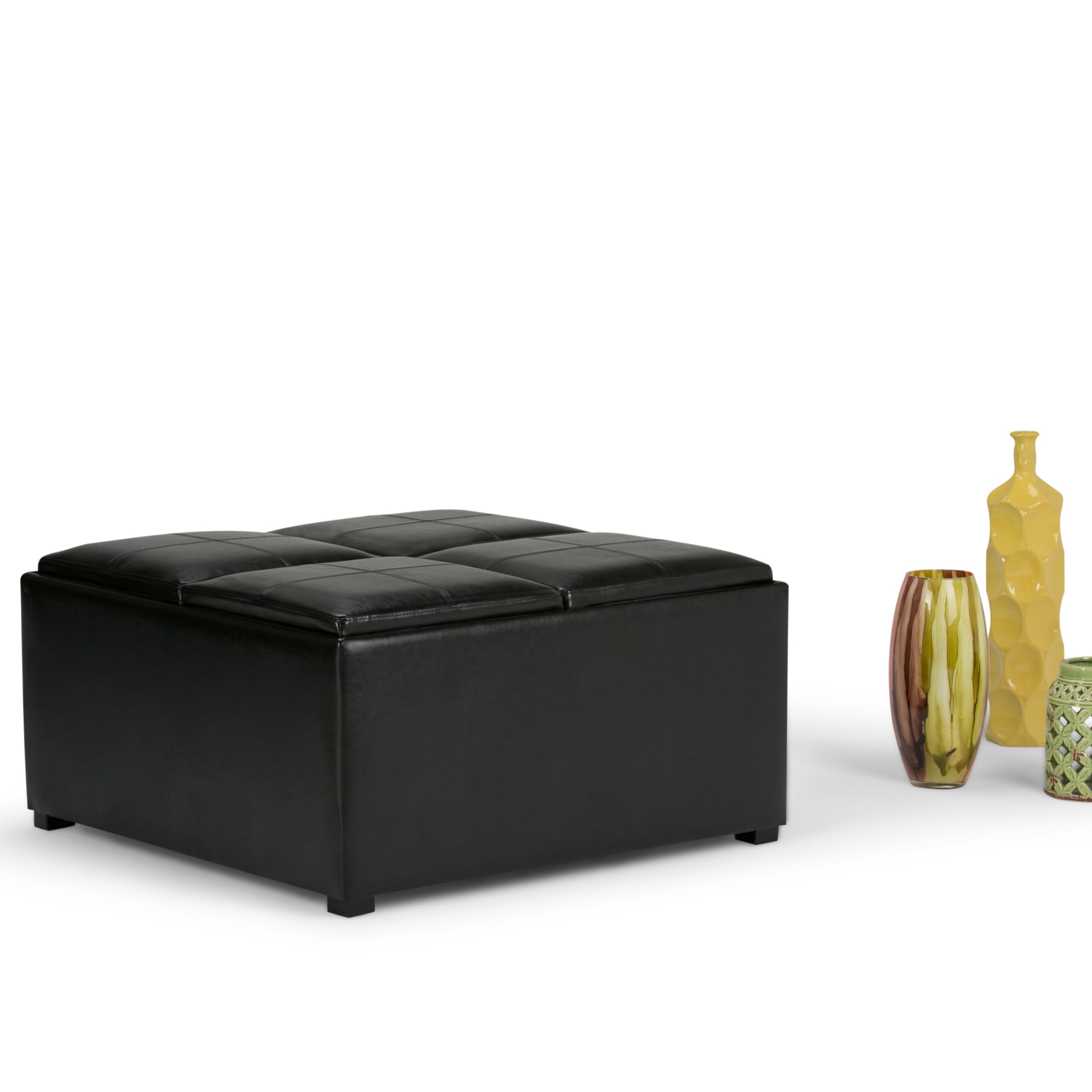 SIMPLIHOME Avalon Wide Contemporary Square Coffee Table Storage Ottoman Vegan Faux Leather, Assembled, for The Living Room and Bedroom, 35 inch, Midnight Black