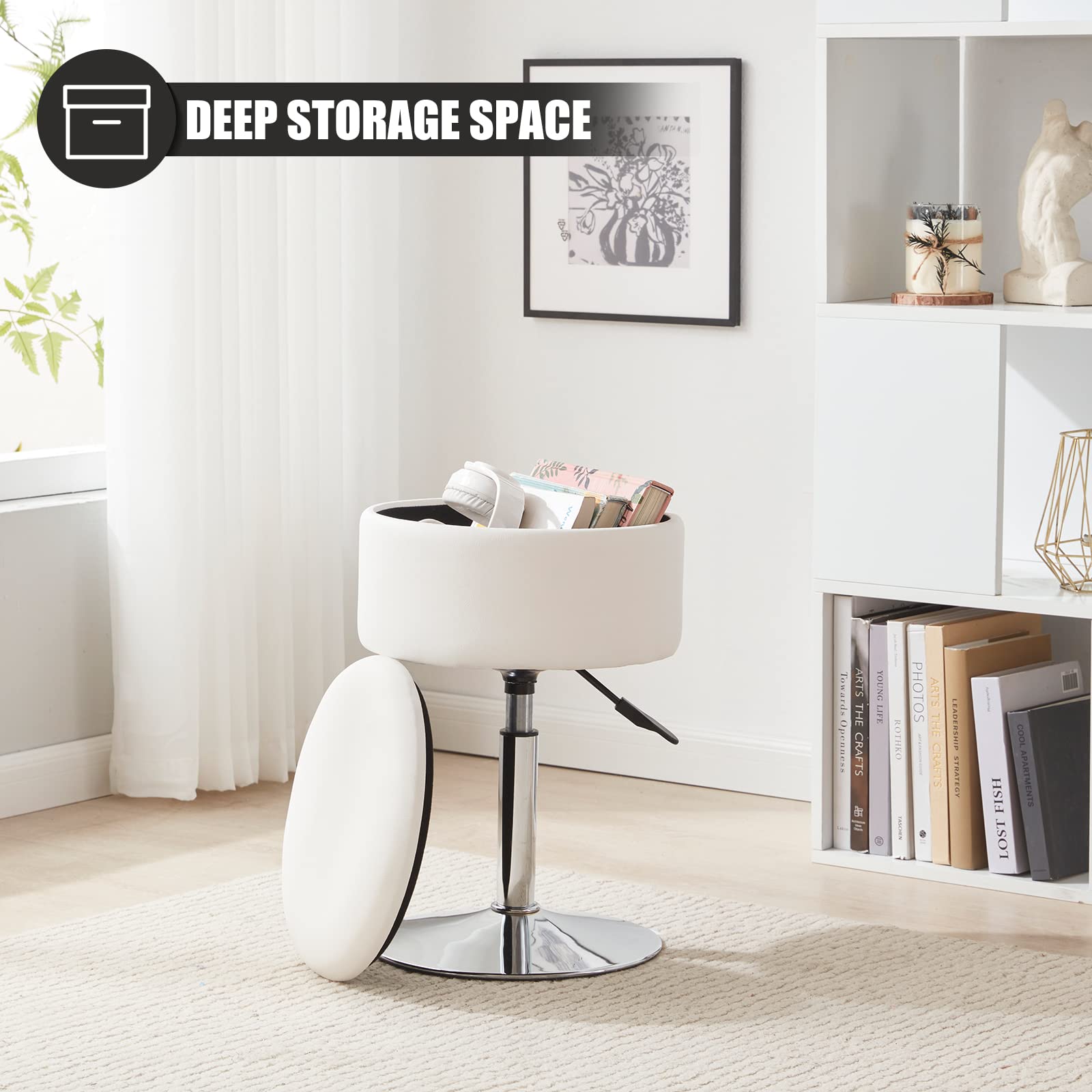 RUCUKEN Adjustable Ottoman Stool White Vanity Stool Vanity Chair for Makeup Room Stool Chair for Vanity Stool with Storage Makeup Stools with Storage Swivel Makeup Chair for Bathroom Faux Leather