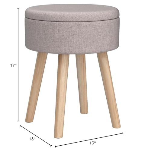 Mxfurhawa Storage Ottoman Linen Round Vanity Stool Tray Top Modern Foot Stool with Wood Legs Multifunctional Upholstered Foot Ottoman Rest for Living Room, Bathroom, Makeup (Grey)