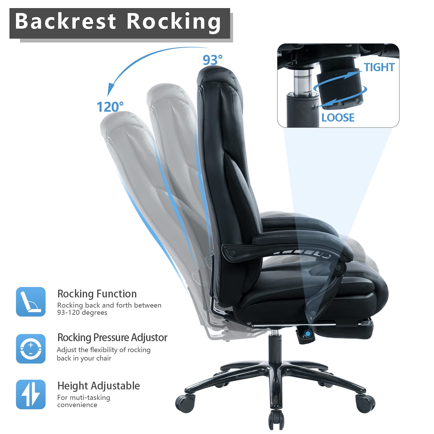 KCREAM Big and Tall 400 LBS Office Executive Chair with Footrest Heavy Duty Metal Base & Linkage Armrests Leather Computer Task Chair Ergonomic Design