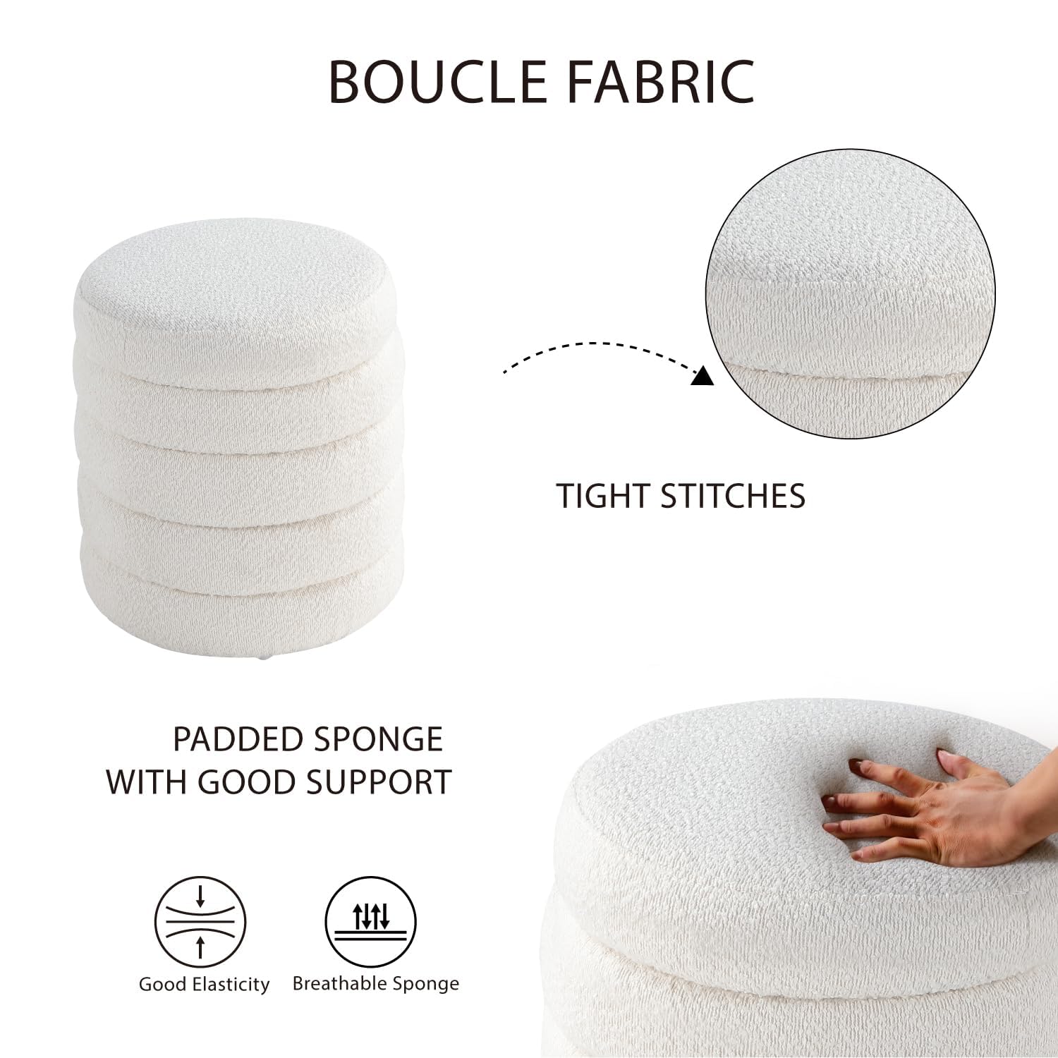 Modern Round Ottoman with Soft Padded Seat, Storage Vanity Chairs for Makeup, Upholstered Footrest Stool Ottoman Foot Stool for Living Room, Bedroom