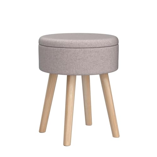 Mxfurhawa Storage Ottoman Linen Round Vanity Stool Tray Top Modern Foot Stool with Wood Legs Multifunctional Upholstered Foot Ottoman Rest for Living Room, Bathroom, Makeup (Grey)