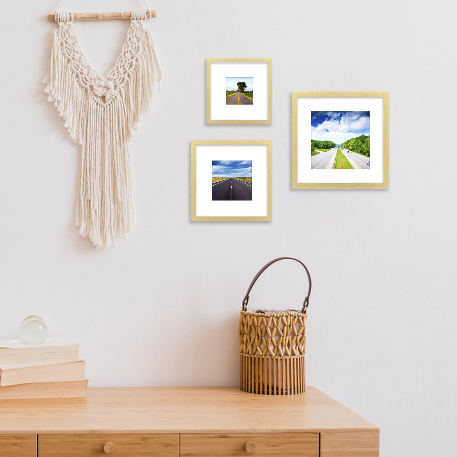 HEART ART 8x8 Gold Picture Frame Set of 9, Display Pictures 4x4 with Mat or 8 x 8 without Mat, Multi Collage Gallery Square Gold Photo Frames for Wall