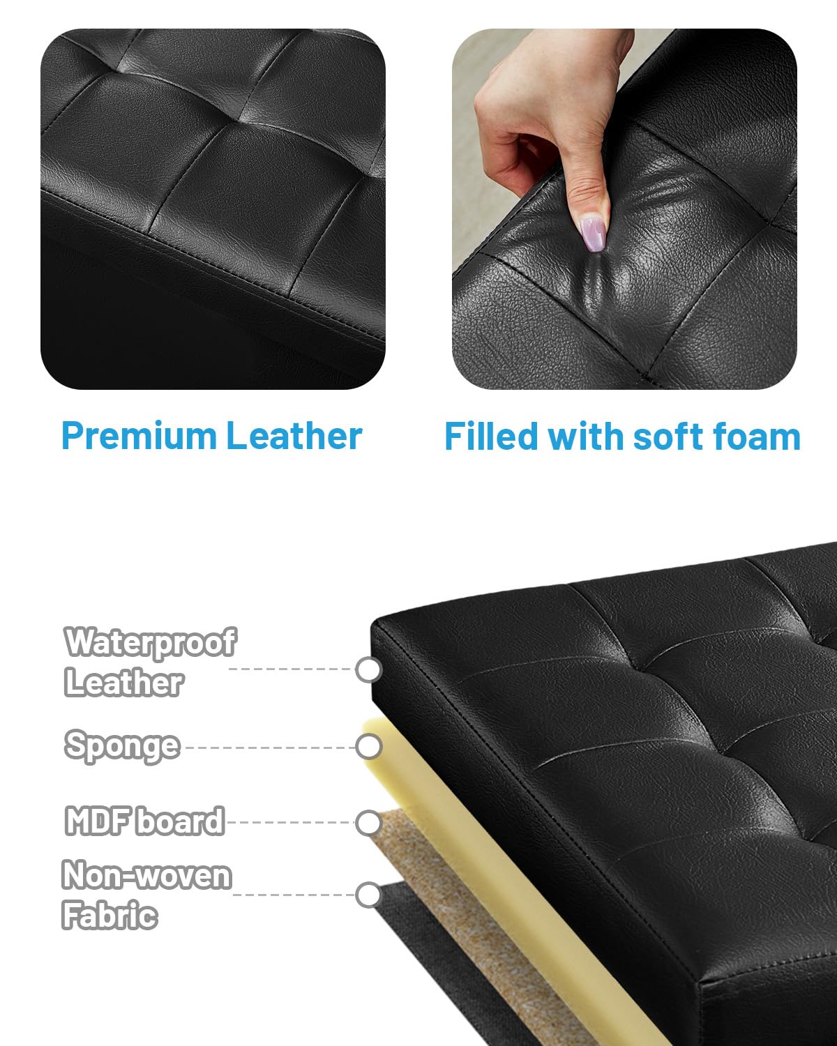 Bsketa Storage Ottoman Foot Rest Stool, Small Leather Storage Ottomans Bench, Folding Foot Stool with Handles Lid, Foot Rest Under Desk for Living Room Bedroom, 17x13x13 in, Black