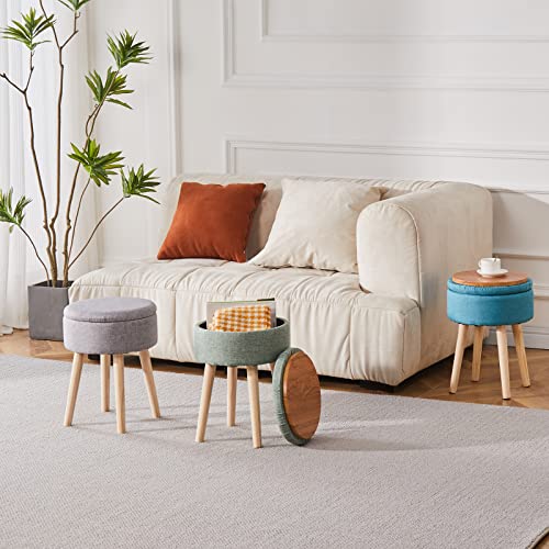 Mxfurhawa Storage Ottoman Linen Round Vanity Stool Tray Top Modern Foot Stool with Wood Legs Multifunctional Upholstered Foot Ottoman Rest for Living Room, Bathroom, Makeup (Grey)