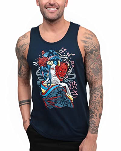 INTO THE AM Mystic Geisha Graphic Tank Tops for Men - Premium Summer Sleeveless Beach Fashion Men's Tank Tops (Navy, Large)