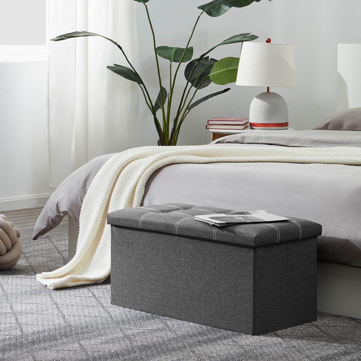 YOUDENOVA 30 inches Folding Storage Ottoman, Ottoman with Storage Footrest Seat Support 350lbs, Storage Bench for Living Room Bedroom, Linen Fabric Grey