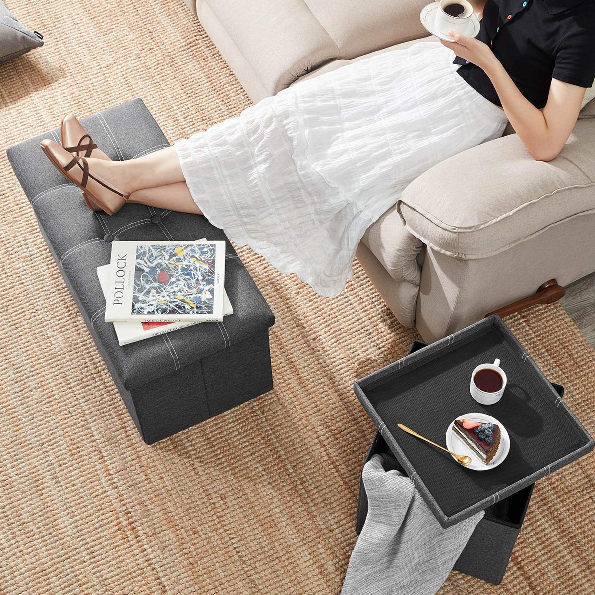 YOUDENOVA 30 inches Folding Storage Ottoman, Ottoman with Storage Footrest Seat Support 350lbs, Storage Bench for Living Room Bedroom, Linen Fabric Grey
