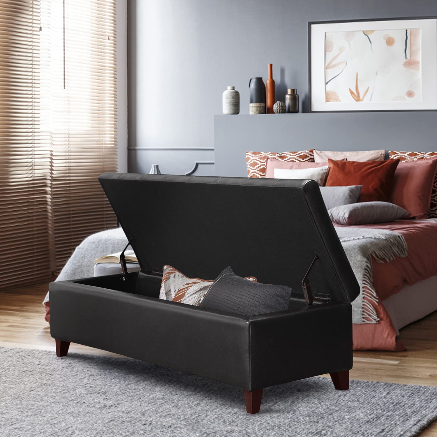 Joveco Storage Ottoman Bench- Faux Leather Tufted Bench Foot Rest (Black Midnight)