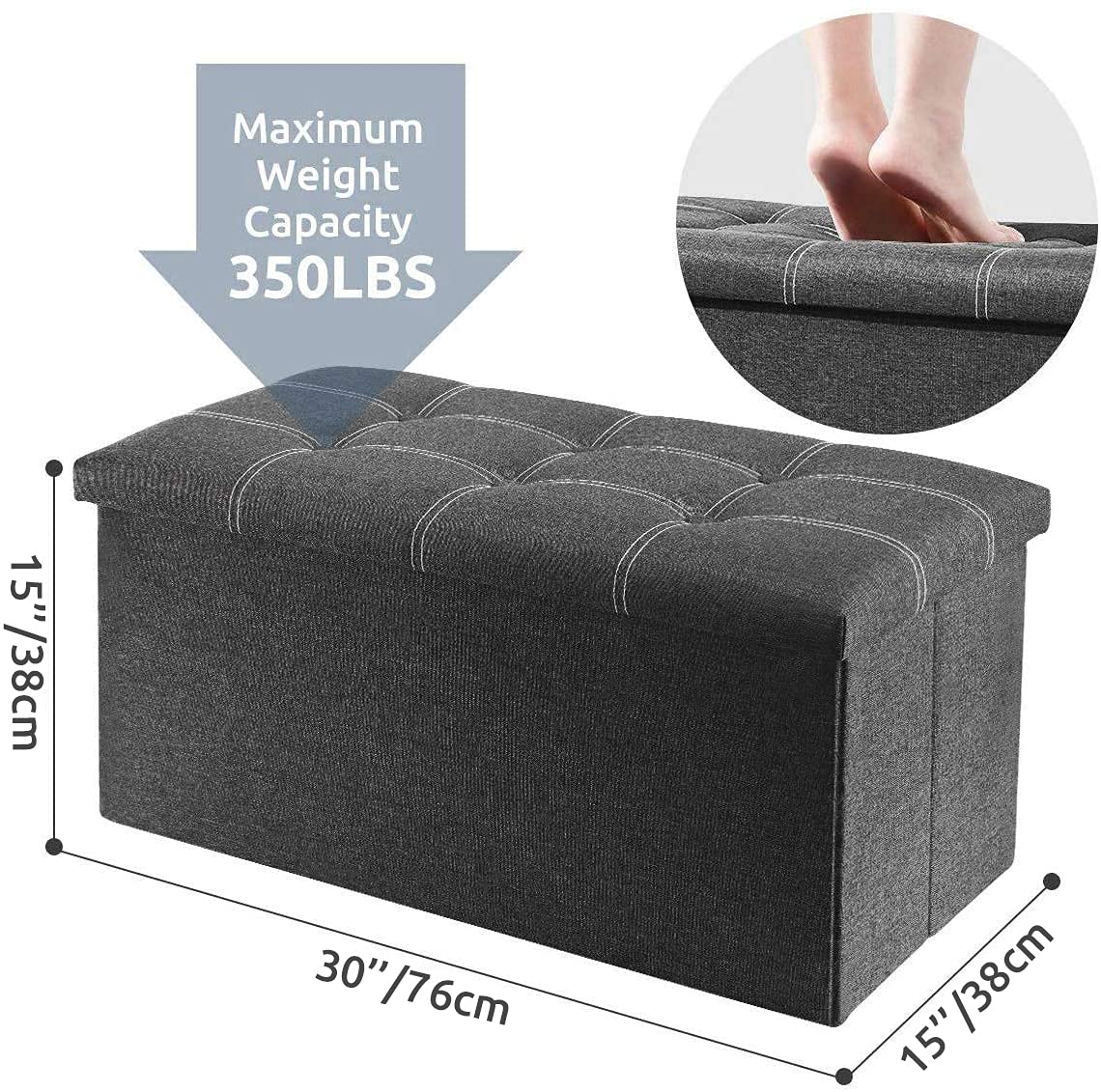 YOUDENOVA 30 inches Folding Storage Ottoman, Ottoman with Storage Footrest Seat Support 350lbs, Storage Bench for Living Room Bedroom, Linen Fabric Grey