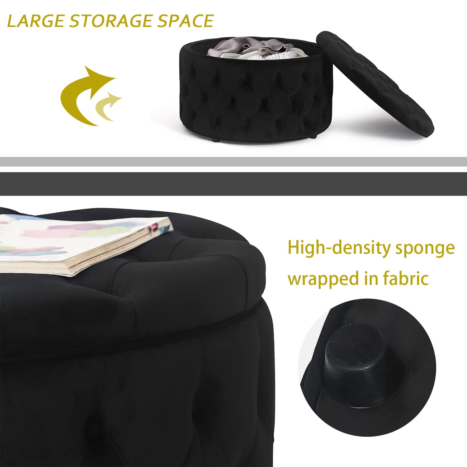 Homebeez 28 Inch Round Velvet Storage Ottoman, Button Tufted Footrest Stool Coffee Table for Living Room, Black