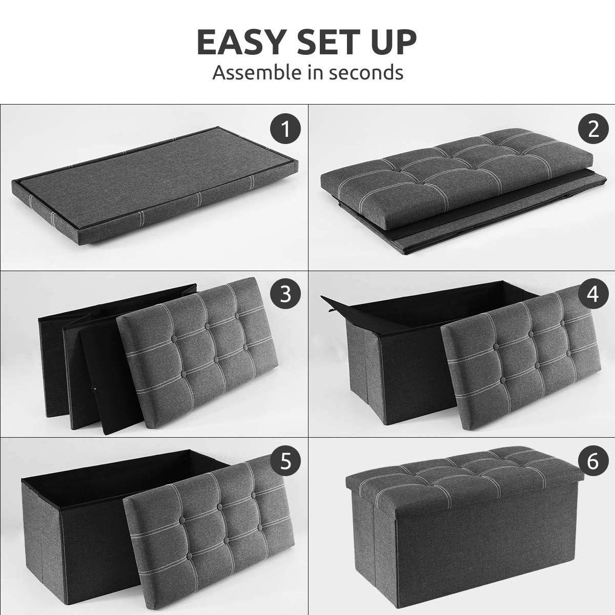 YOUDENOVA 30 inches Folding Storage Ottoman, Ottoman with Storage Footrest Seat Support 350lbs, Storage Bench for Living Room Bedroom, Linen Fabric Grey