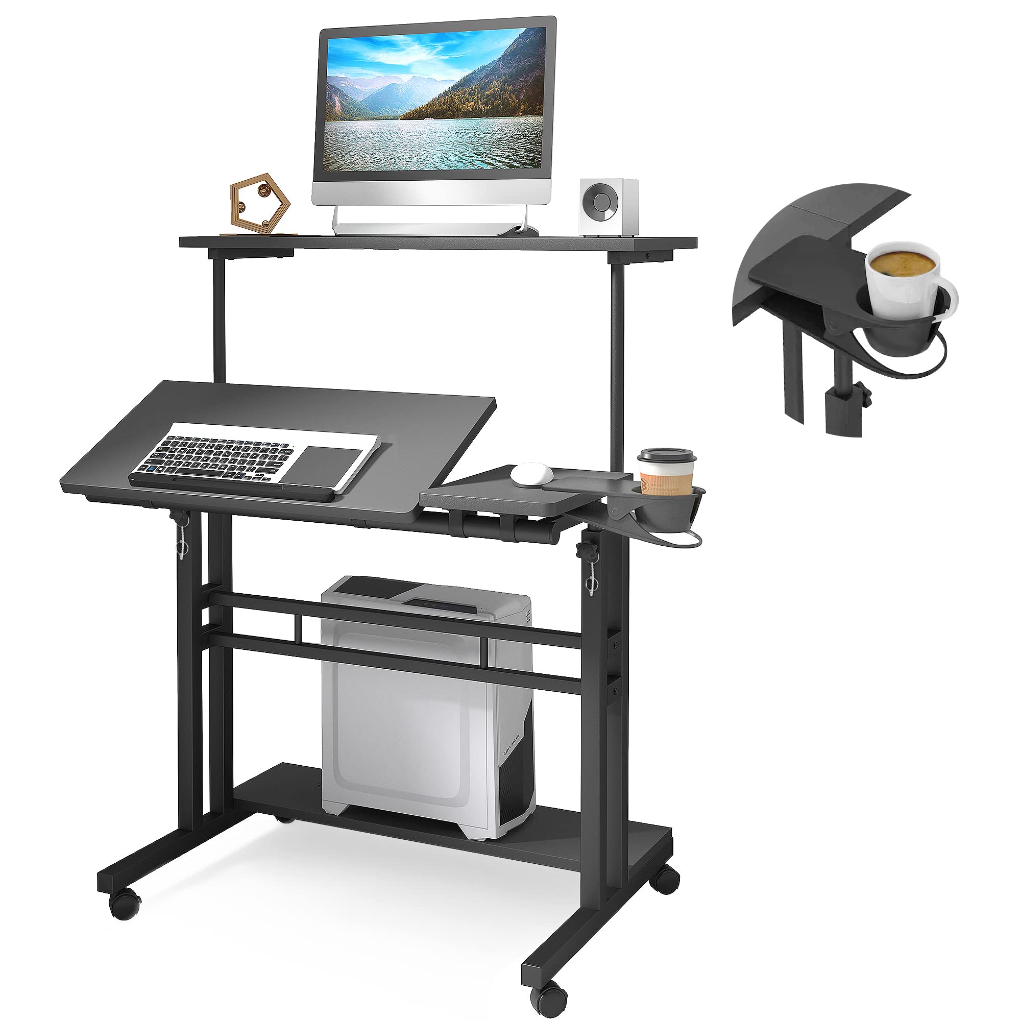 Panta Mobile Standing Desk, Adjustable Rolling Computer Desk with 3 Desktops, Portable Laptop Table with Desk Cup Holder, Home Office Laptop Workstation on Lockable Wheels, Black
