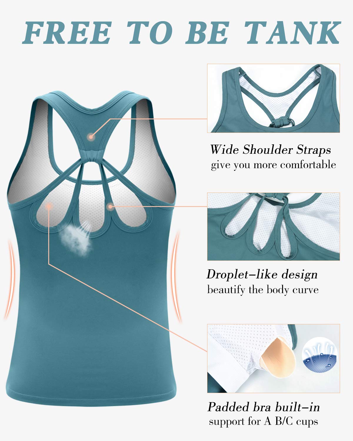 RUNNING GIRL Workout Tops for Women,Strappy Back Blue Tank Top with Built in Bras Basic Yoga Crop Tops Fitted(BX2356 Blue.CN:M,US:S)