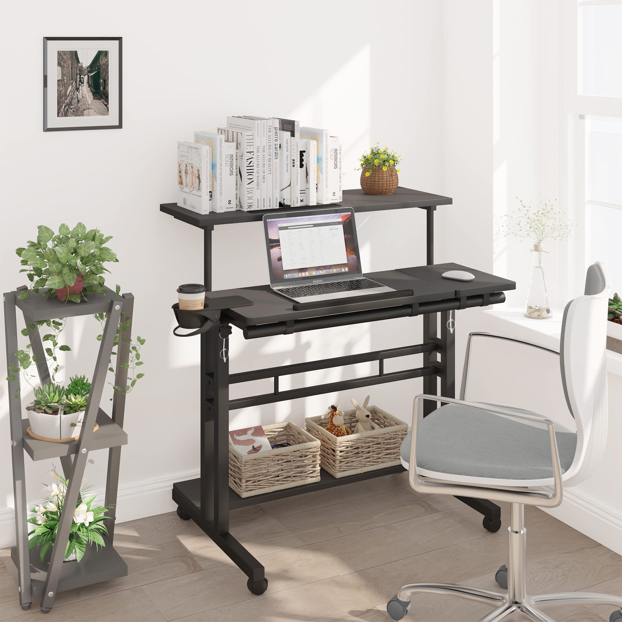 Panta Mobile Standing Desk, Adjustable Rolling Computer Desk with 3 Desktops, Portable Laptop Table with Desk Cup Holder, Home Office Laptop Workstation on Lockable Wheels, Black