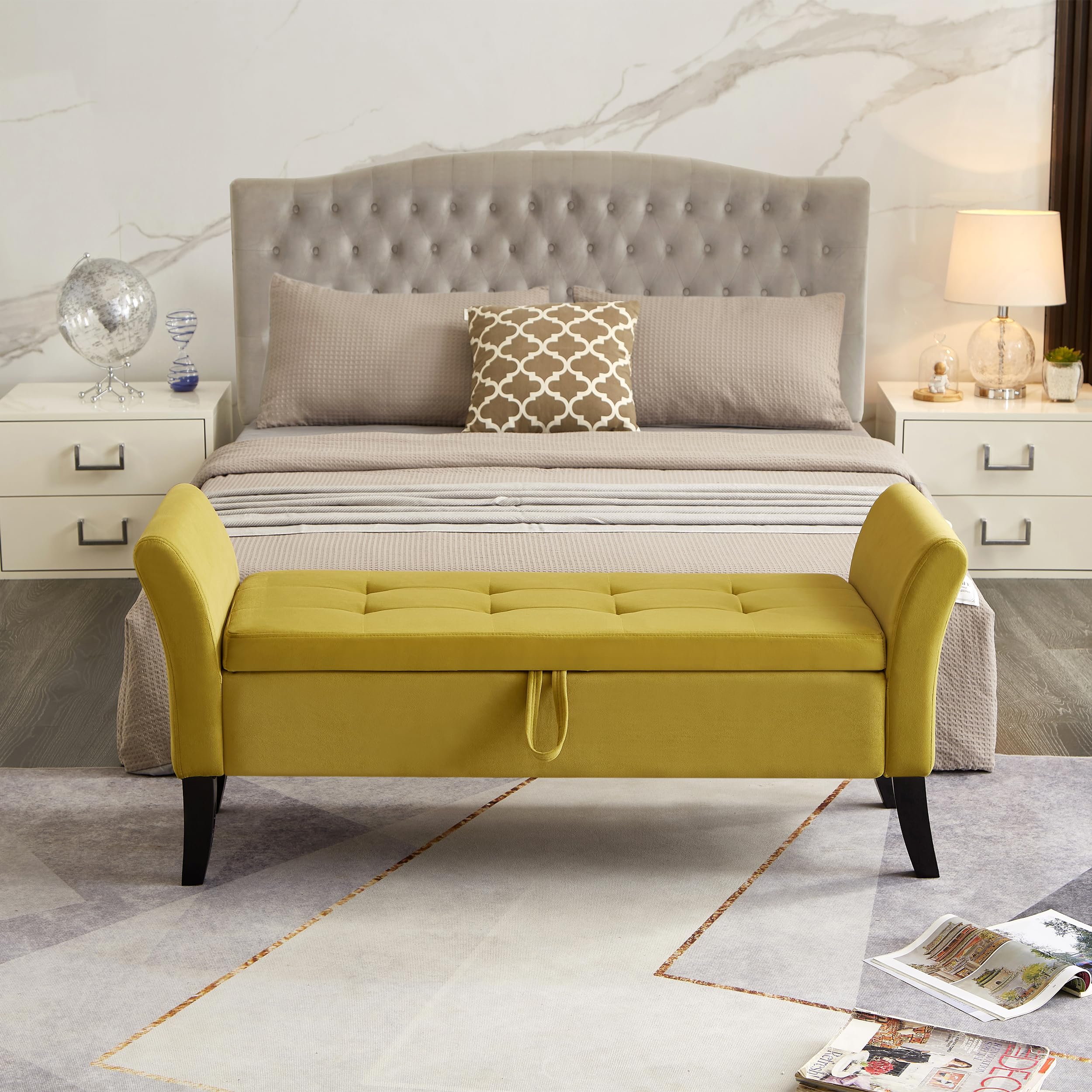 Homaddition Storage Ottoman Bench, 51.5" Upholstered Velvet Storage Bench with Curved Armrest & Solid Wood Leg, End of Bed Bench with Storage Queen Size for Bedroom Living Room Entryway (Olive Green)