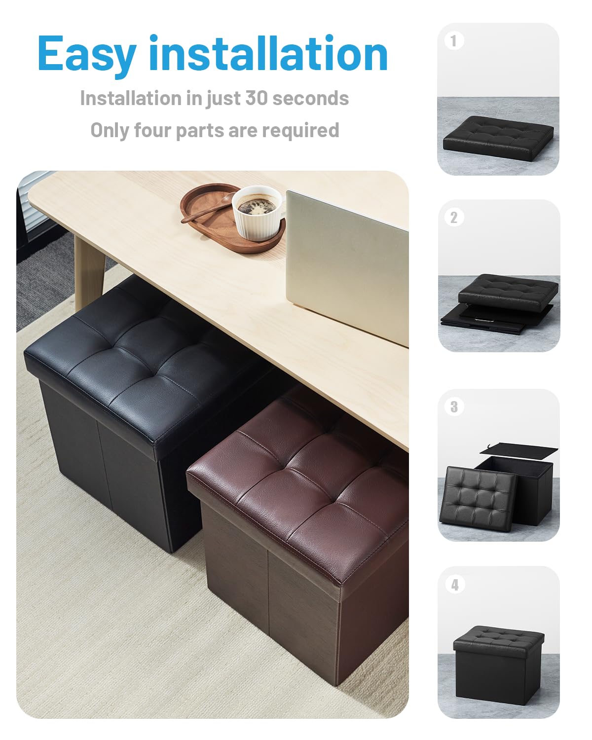 Bsketa Storage Ottoman Foot Rest Stool, Small Leather Storage Ottomans Bench, Folding Foot Stool with Handles Lid, Foot Rest Under Desk for Living Room Bedroom, 17x13x13 in, Black