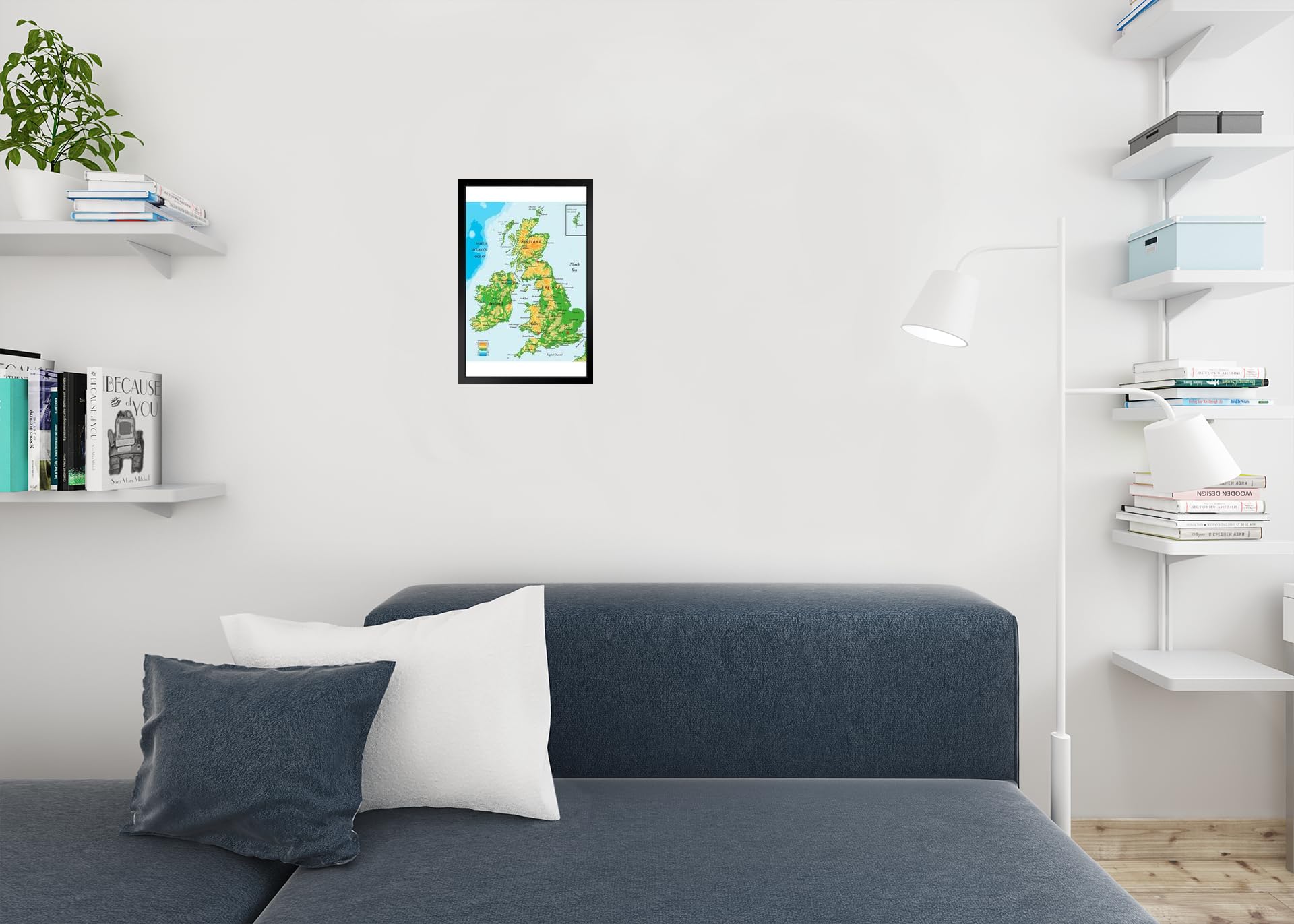 United Kingdom Ireland Scotland Topographical City Atlantic Ocean Map Black Wood Framed Art Poster 14x20
