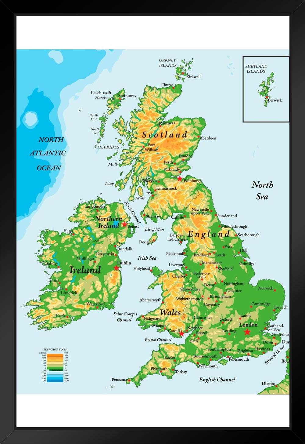 United Kingdom Ireland Scotland Topographical City Atlantic Ocean Map Black Wood Framed Art Poster 14x20