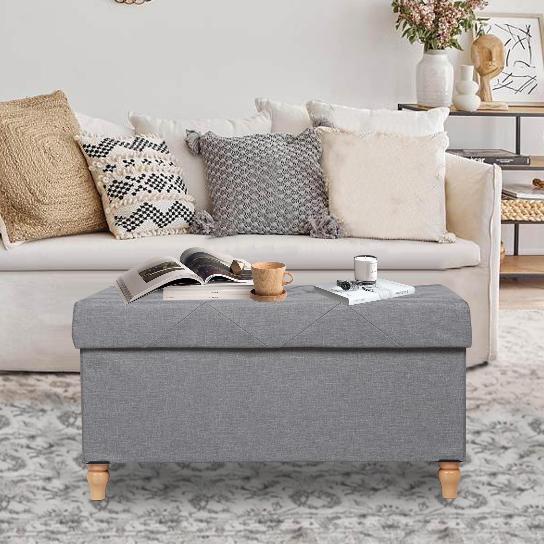 GLAXYFUR Storage Ottoman with Wooden Legs, Folding Storage Bench for Living Room, 30" Linen Fabric Ottoman Foot Rest Stool (Linen, Light Grey)