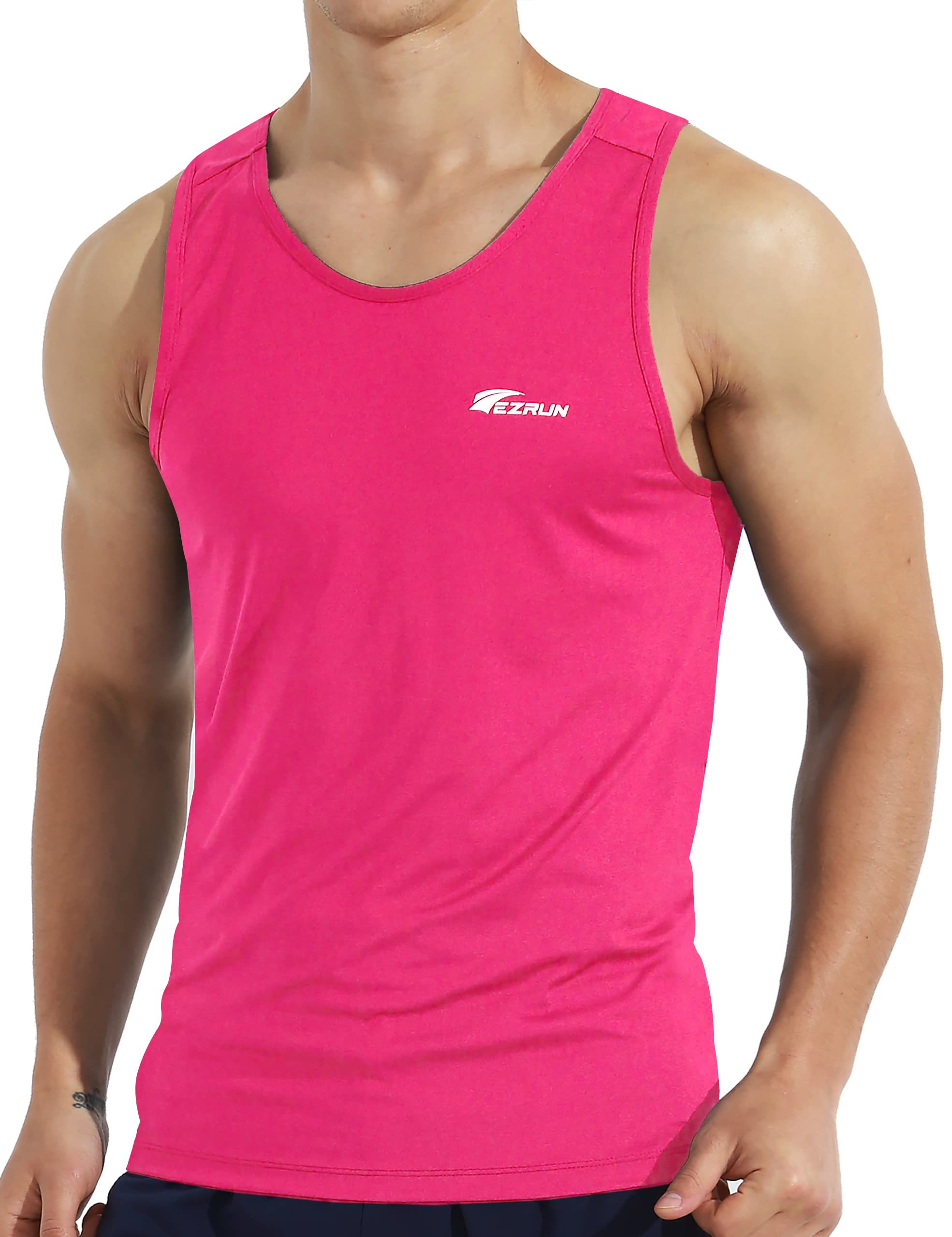 EZRUN Men's Quick Dry Workout Tank Top Swim Beach Shirts for Gym Athletic Running Muscle Sleeveless Shirts(NeonPink,m)