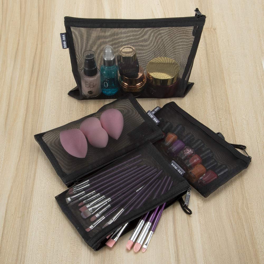 HRX Package Nylon Mesh Cosmetic Zipper Bags, 6PCS Black Makeup Pouches Pen Pencil Organizer Case for Travel Purse Diaper Bag (A5 x 3pcs, A6 x 3pcs )