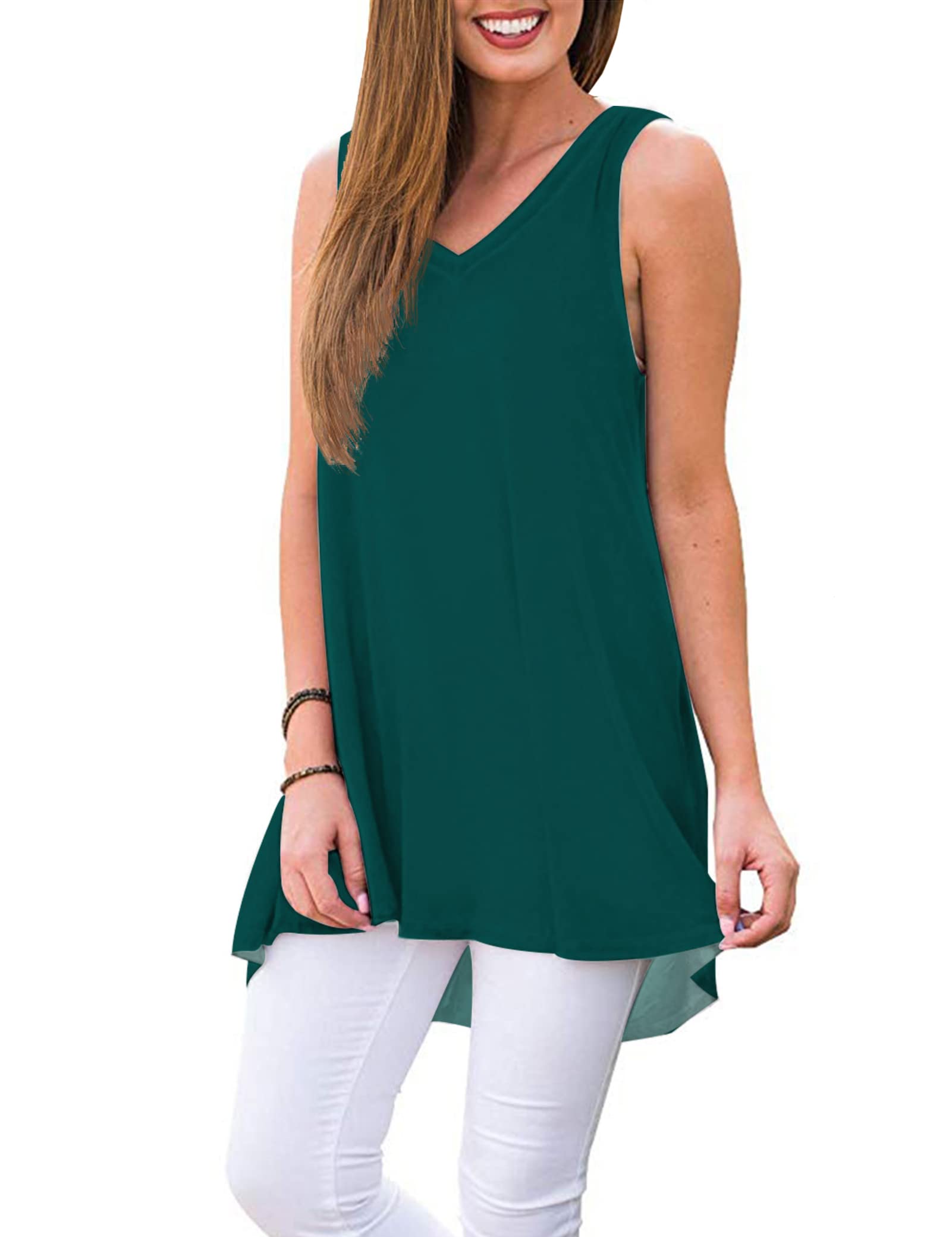 WNEEDU Women's Summer Sleeveless V Neck Tunic Casual T-Shirt Tank Tops Blouse(Dark Green,XL)