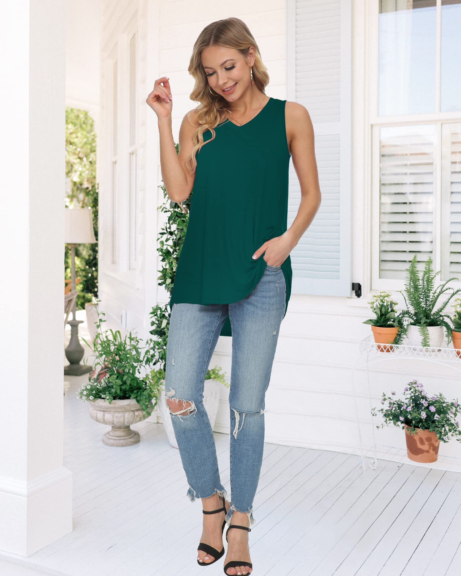WNEEDU Women's Summer Sleeveless V Neck Tunic Casual T-Shirt Tank Tops Blouse(Dark Green,XL)