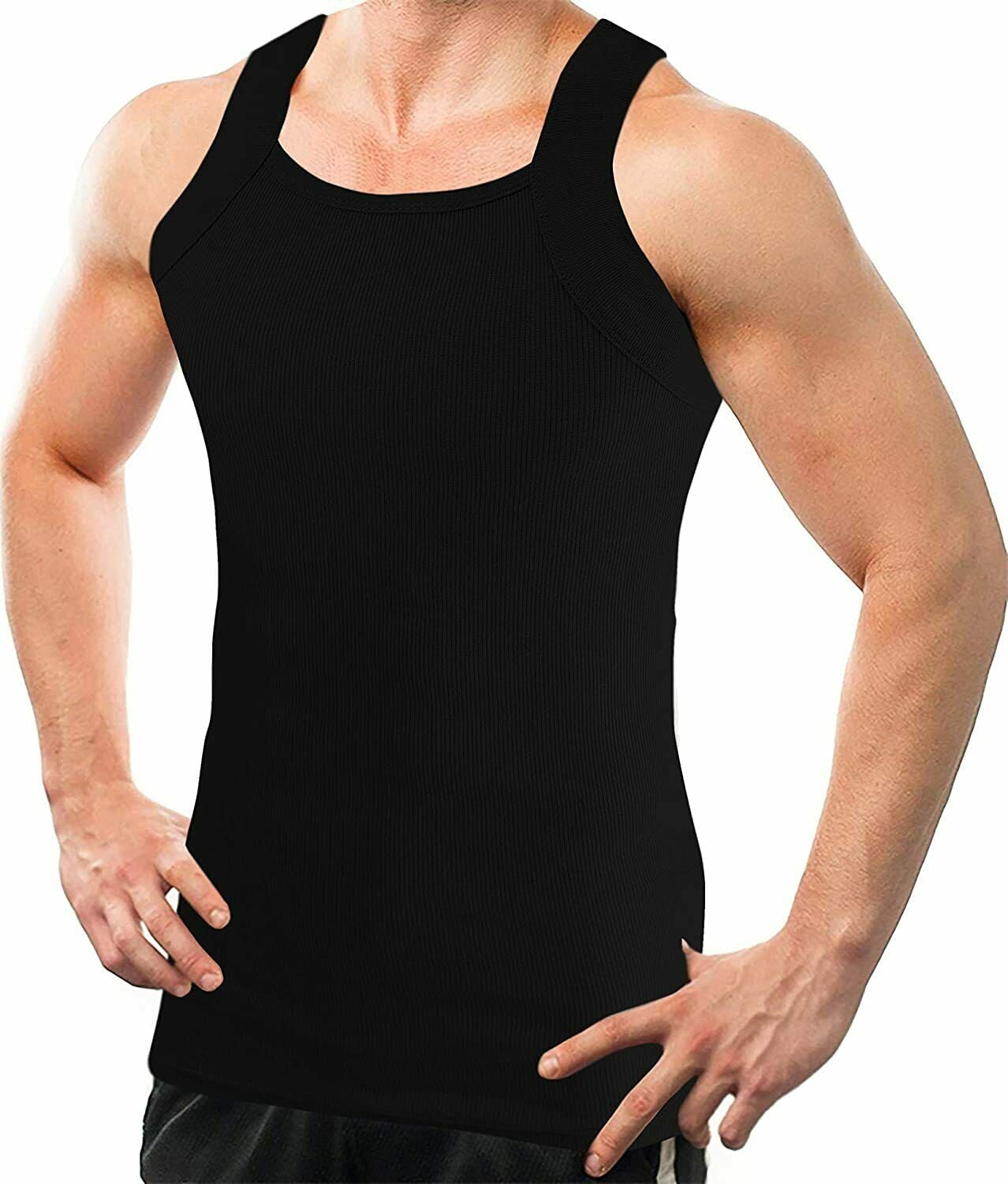 AC BASICS 4 Packs Men's G-Unit Style Cotton Tank Tops Square Cut Muscle Rib A-Shirts (as1, Alpha, s, Regular, Regular) Black and White