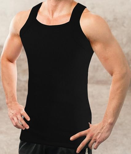 AC BASICS 4 Packs Men's G-Unit Style Cotton Tank Tops Square Cut Muscle Rib A-Shirts (as1, Alpha, s, Regular, Regular) Black and White