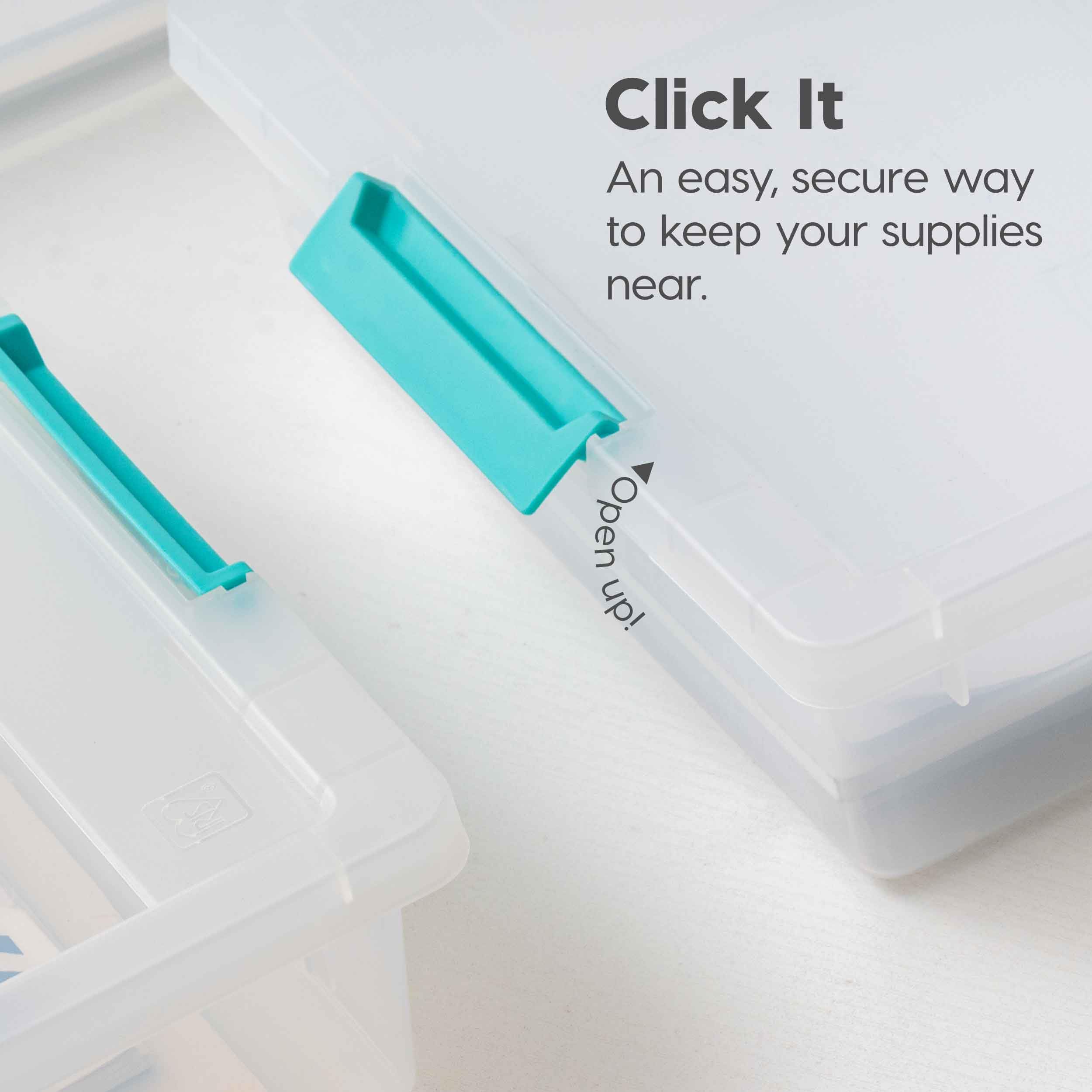 IRIS USA 6 Quart Clip Box, Clear Plastic Storage Bins with Secure Latching Buckles, Organizing Container for Office, School, Kids and Craft Room, Large, Clear/Seafoam Blue, 4 Pack