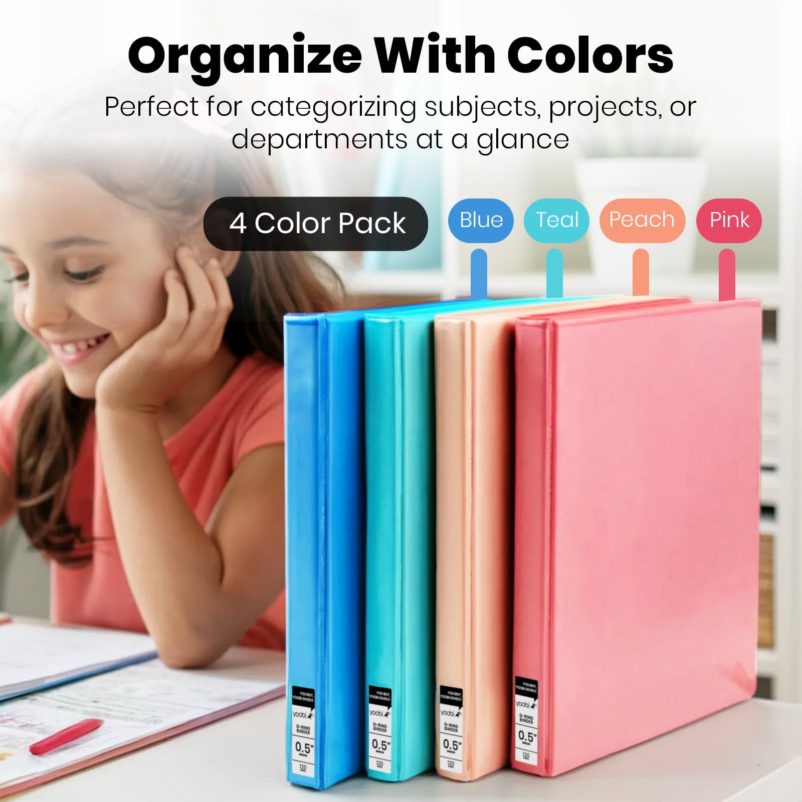 Yoobi 1/2 Inch Binder Set – 3-Ring Binders with 2 Pockets – Perfect for School or Office – Holds up to 100 Sheets – 4 Pack – Solid Multicolor Variety