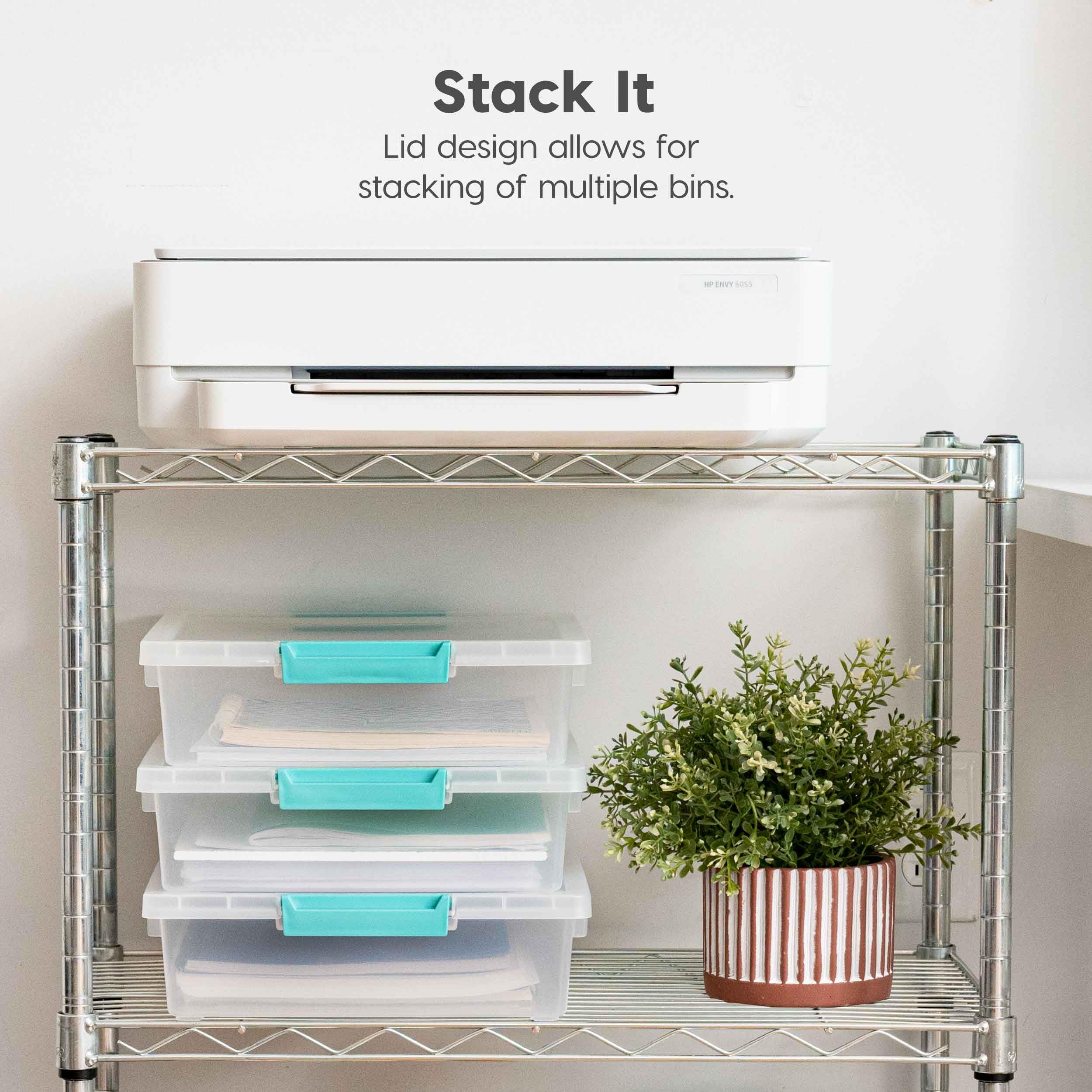 IRIS USA 6 Quart Clip Box, Clear Plastic Storage Bins with Secure Latching Buckles, Organizing Container for Office, School, Kids and Craft Room, Large, Clear/Seafoam Blue, 4 Pack
