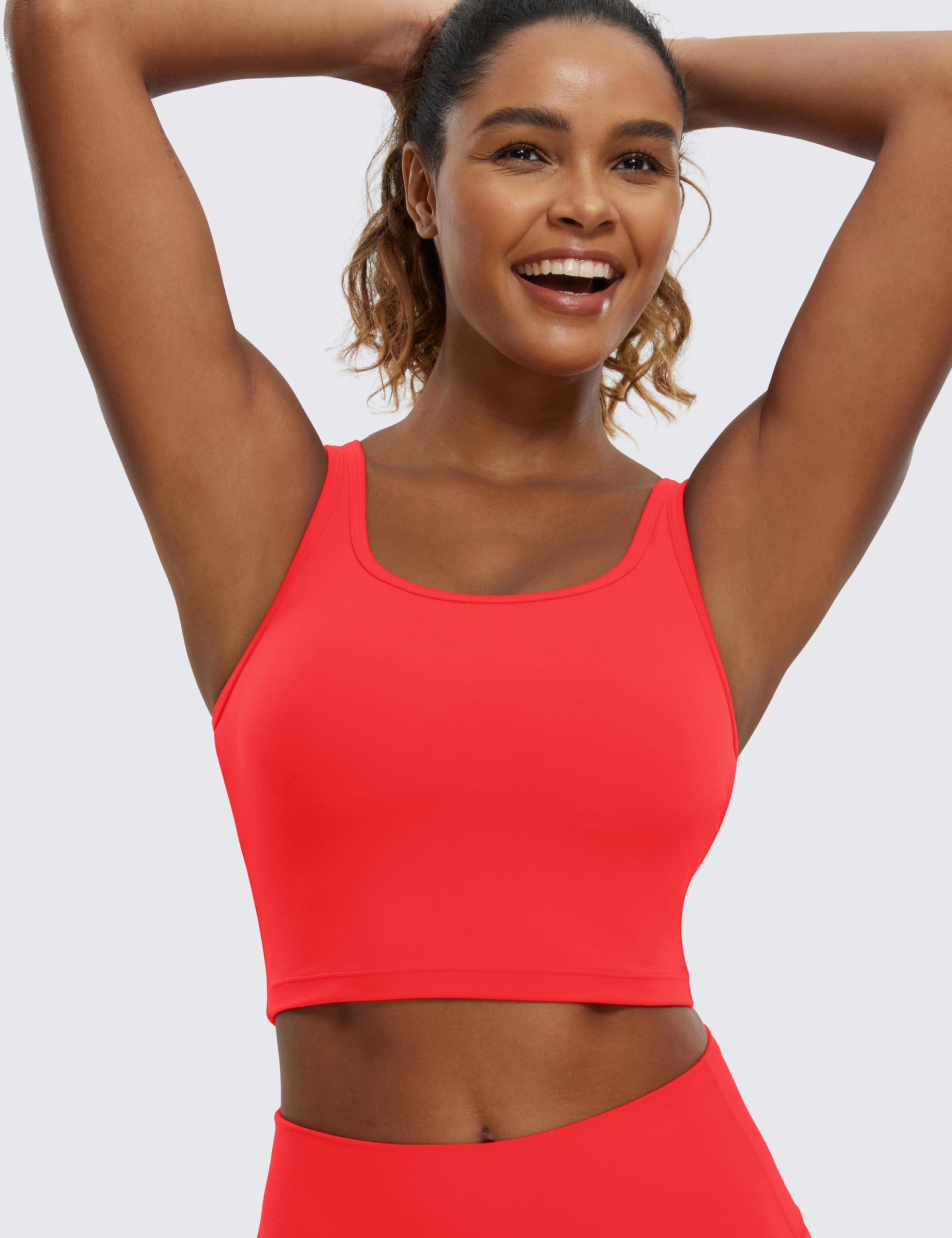 CRZ YOGA Butterluxe Womens Y-Back Racerback Longline Sports Bra - Padded Scoop Neck Workout Crop Tank Top with Built in Pads Deep Red Medium