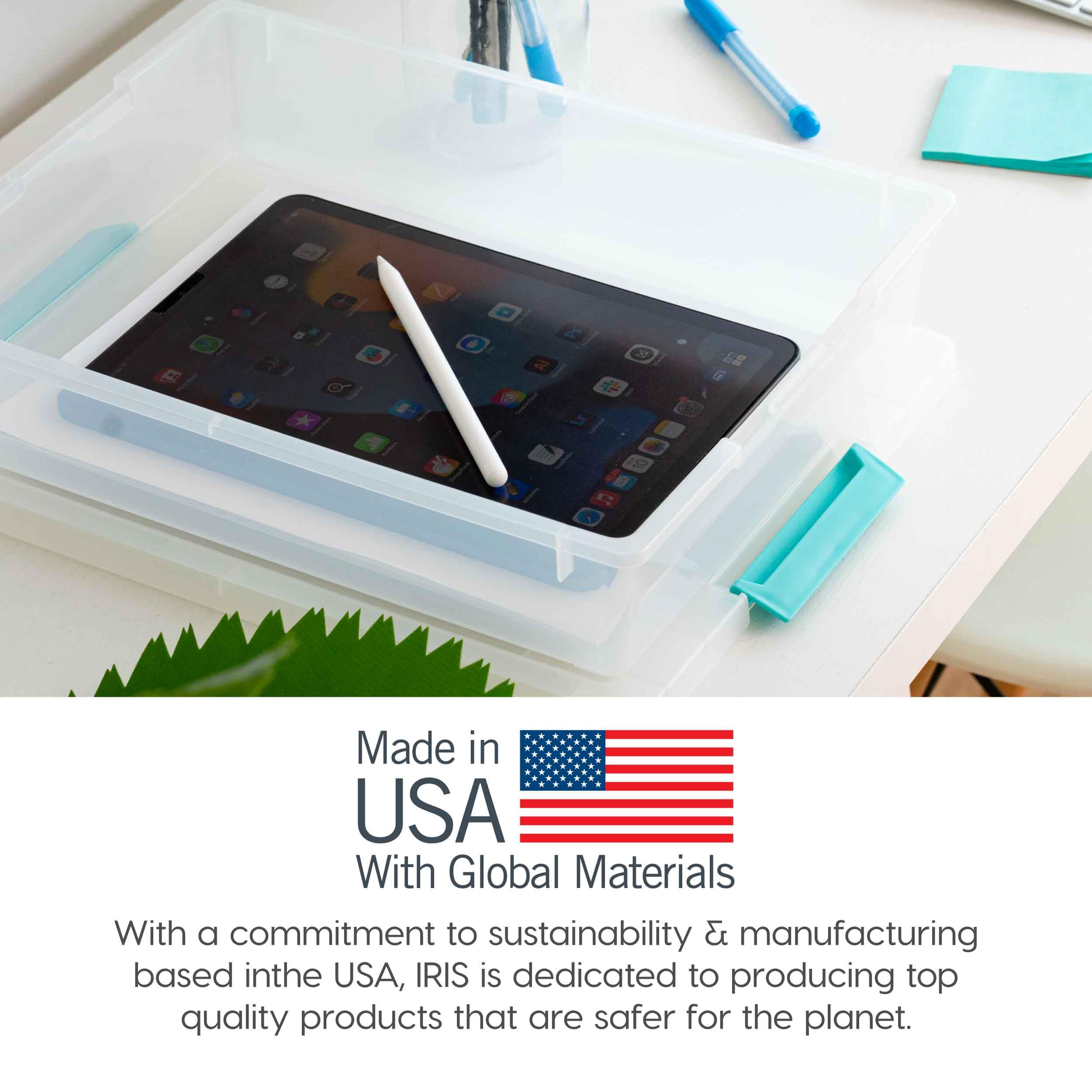 IRIS USA 6 Quart Clip Box, Clear Plastic Storage Bins with Secure Latching Buckles, Organizing Container for Office, School, Kids and Craft Room, Large, Clear/Seafoam Blue, 4 Pack