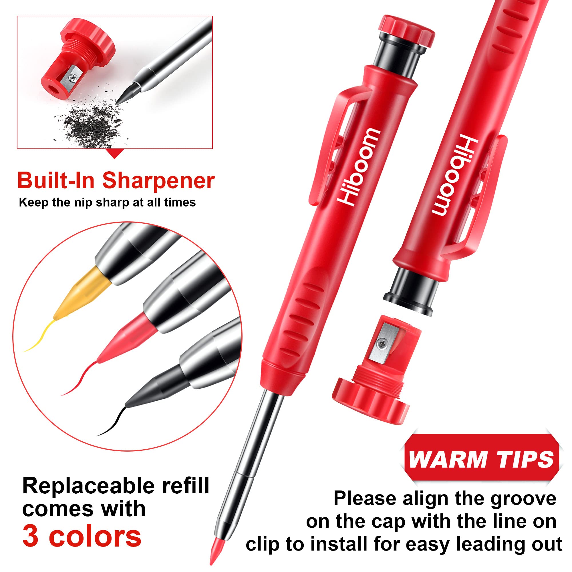 Hiboom 3 Pack Solid Carpenter Pencils with Carpenter Pencil Cap and 27 Refills, Deep Hole Mechanical Scriber Marking Tools with Built in Sharpener for Construction Woodworking Architect