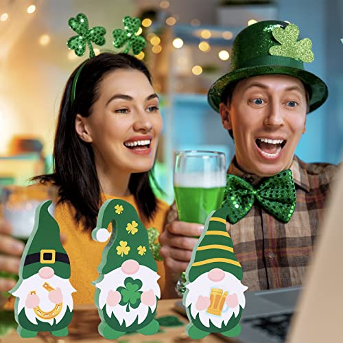 3 Pcs St Patrick's Day Table Wooden Gnome Sign, Reversible Easter Tiered Tray Decor, Self Standing Blocks Green Shamrock Horseshoe Rabbit Carrot Egg Sign for Home Party Decoration