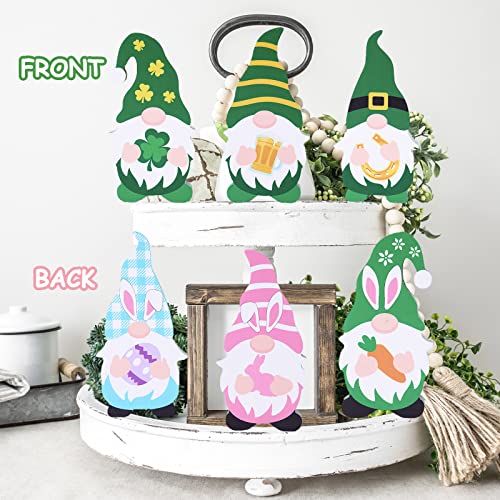 3 Pcs St Patrick's Day Table Wooden Gnome Sign, Reversible Easter Tiered Tray Decor, Self Standing Blocks Green Shamrock Horseshoe Rabbit Carrot Egg Sign for Home Party Decoration