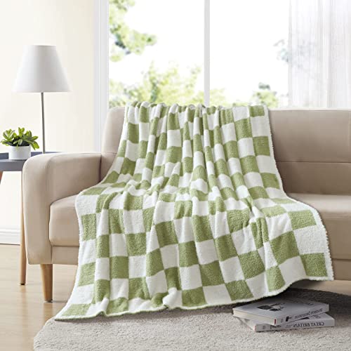 OTOSTAR Knit Checkered Throw Blanket Super Soft Warm Cozy Knitted Checkerboard Grid Chessboard Gingham Reversible Blanket Comfort Plush Fluffy Blanket for Couch Bed Sofa Travel 50x60 Inch (Sage Green)