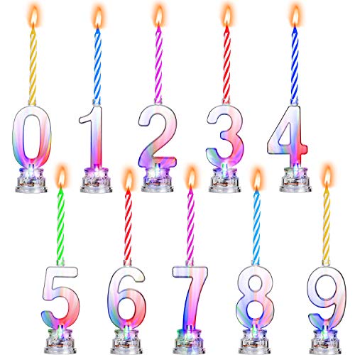 Boao 10 Pieces Multicolor LED Birthday Number Candle Set Flashing Birthday Candles and 40 Pieces Wax Candles for Birthday Decoration (Colored Candle Style)