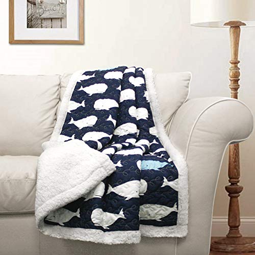Lush Decor, Navy Whale Throw | Ocean Animal Print Fuzzy Reversible Sherpa Blanket-60ā x 50, 60" x 50"