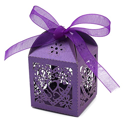 KPOSIYA 70 Pack Love Heart Laser Cut Wedding Party Favor Box Candy Bag Chocolate Gift Boxes Bridal Birthday Shower Bomboniere with Ribbons