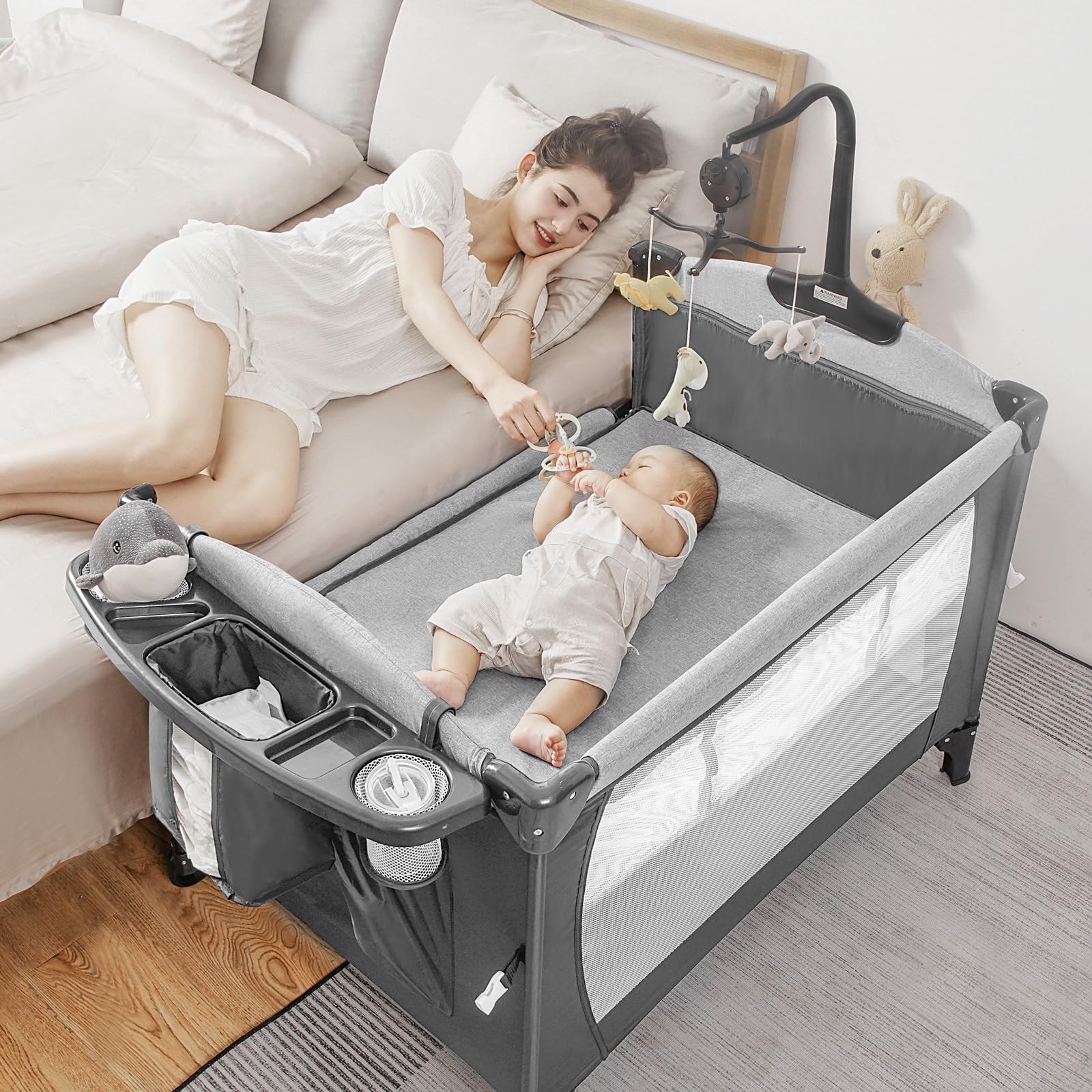 Afgbf Baby Bassinet Bedside Crib with Diaper Changer, 5 in 1 Pack and Play, Playpen Travel Bed with Storage, Baby Playard with 4 Adjustable Height, Carry Bag, Easy to Install, Grey