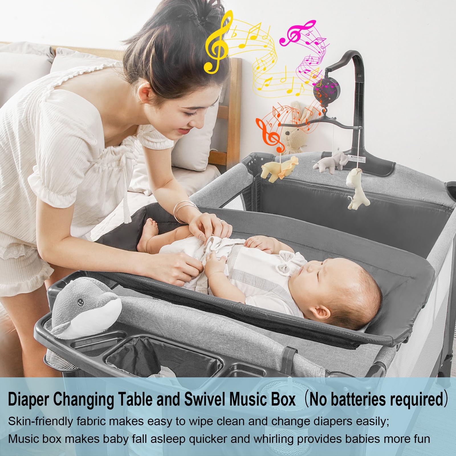 Afgbf Baby Bassinet Bedside Crib with Diaper Changer, 5 in 1 Pack and Play, Playpen Travel Bed with Storage, Baby Playard with 4 Adjustable Height, Carry Bag, Easy to Install, Grey