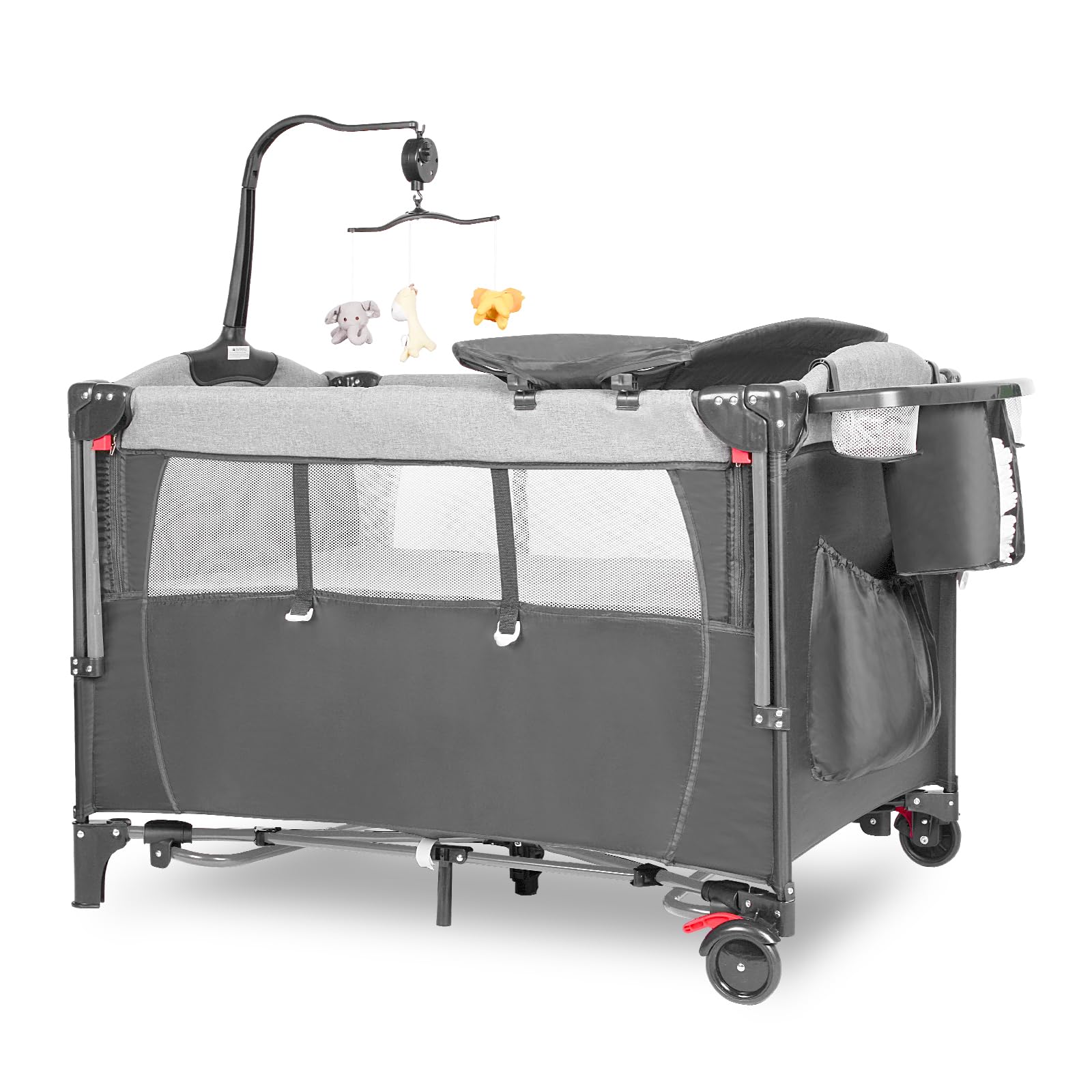 Afgbf Baby Bassinet Bedside Crib with Diaper Changer, 5 in 1 Pack and Play, Playpen Travel Bed with Storage, Baby Playard with 4 Adjustable Height, Carry Bag, Easy to Install, Grey