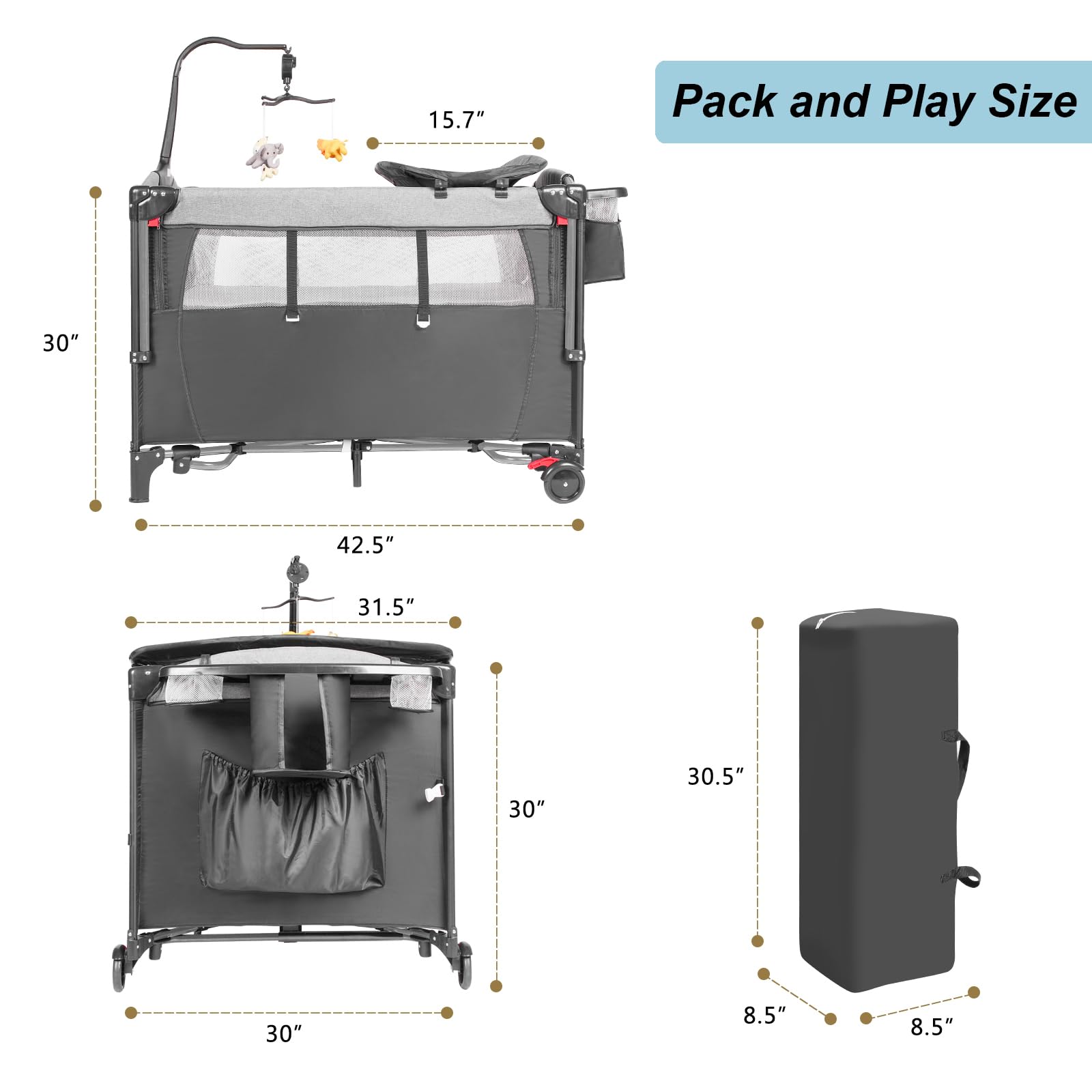 Afgbf Baby Bassinet Bedside Crib with Diaper Changer, 5 in 1 Pack and Play, Playpen Travel Bed with Storage, Baby Playard with 4 Adjustable Height, Carry Bag, Easy to Install, Grey