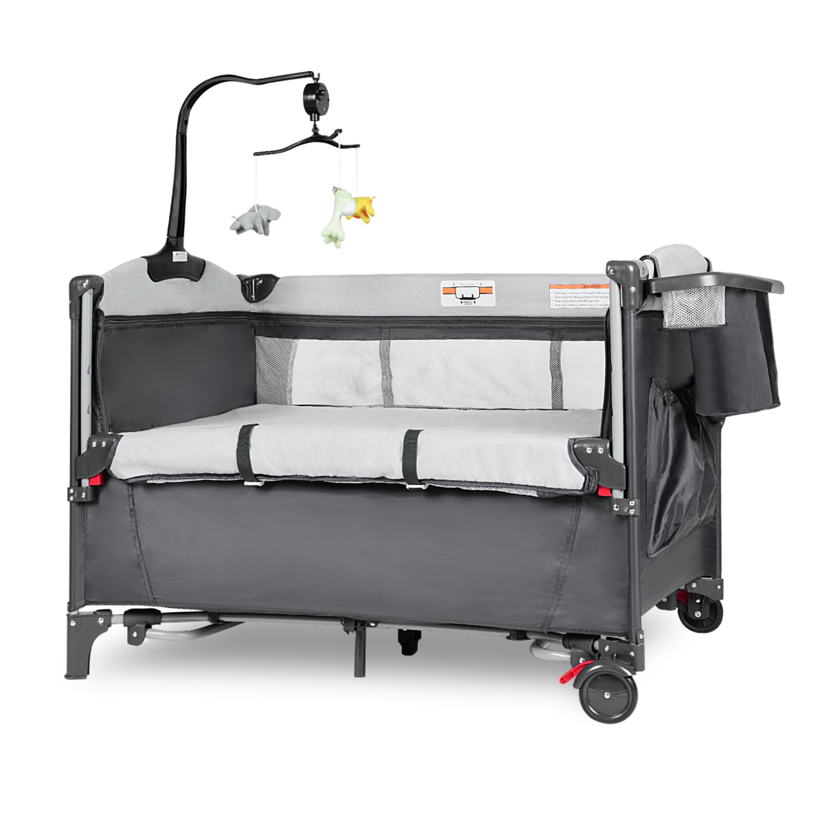 Afgbf Baby Bassinet Bedside Crib with Diaper Changer, 5 in 1 Pack and Play, Playpen Travel Bed with Storage, Baby Playard with 4 Adjustable Height, Carry Bag, Easy to Install, Grey