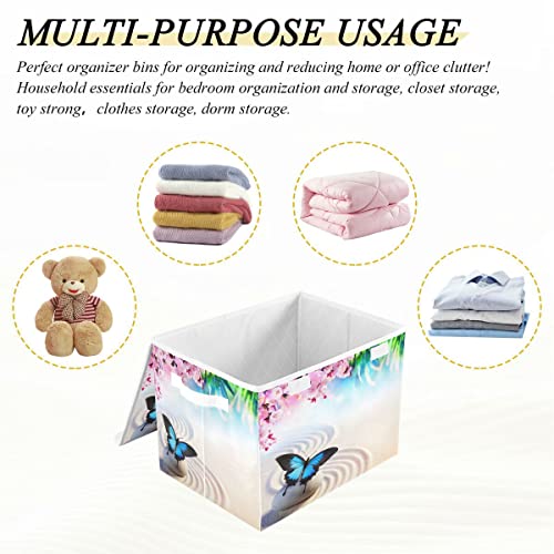 Storage Bins with Lids Foldable Storage Baskets Storage Cubes Collapsible Closet Organizer Containers with Cover Japanese Butterfly Zen and Sakura Blossoms for Home Office Organizer Closet, Shelves, T