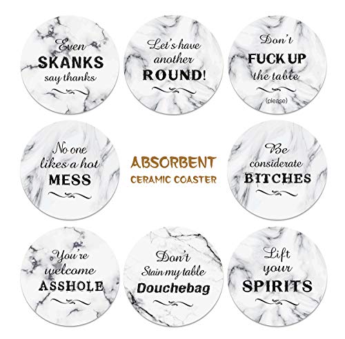 Teivio 8 Piece Coaster for Drinks Absorbing Stone Coasters Set Cork Base, Metal Holder, Marble Funny Style, Birthday Housewarming Gifts, Apartment Kitchen Room Bar Décor (White)